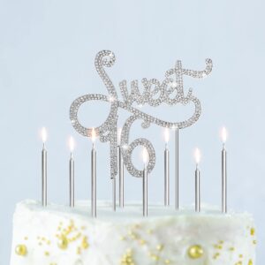 sweet 16 cake toppers rhinestone birthday cake topper, 20 pcs metallic birthday candles sweet 16 cake candles sweet 16 birthday decorations happy birthday candles for cake birthday decor (silver)