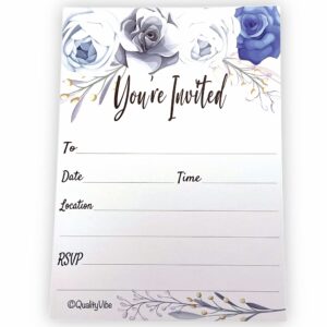 25 gray & blue flower invitations with envelopes, fill in style you're invited, elegant gray, birthdays, baby & bridal showers. thick & non coated cardstock for use with any pen.