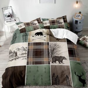 vivihome 3pcs rustic cabin bedding, duvet cover queen, woodland animals wildlife deer elk moose black bear hunting lodge country farmhouse bedding, plaid patchwork quilt comforter cover, 2 pillowcases