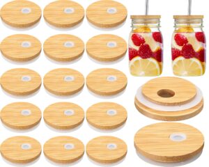 sieral 70mm bamboo jar lids with straw hole for glass cups reusable wooden mason jar lids for beer can cups 2.76inch canning lids with silicone ring for regular mouth drinking jars(30 pcs)