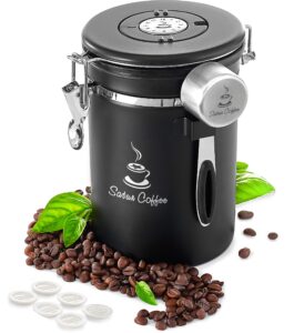 coffee canister airtight coffee container - stainless steel coffee storage for beans, grounds, tea, sugar - coffee containers with date tracker, scoop, co2 valve filters, large coffee jar 22oz, black