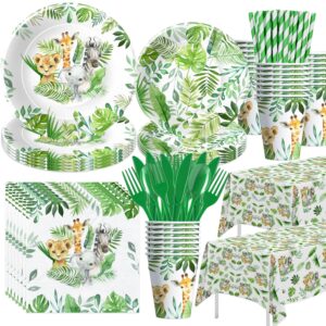 hipvvild safari birthday decorations tableware - jungle theme party supplies include plates, cups, napkin, cutlery, tablecloth, straws, animal safari jungle birthday baby shower decorations | serve 24