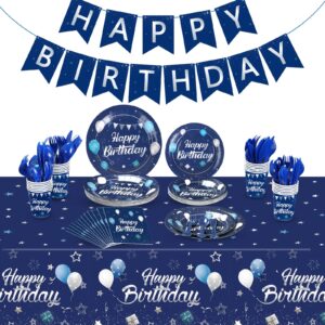 171 pieces happy birthday party tableware set birthday decoration birthday banner and tablecloths plates cups napkins party dinnerware for 24 guests party supplies (blue and silver)