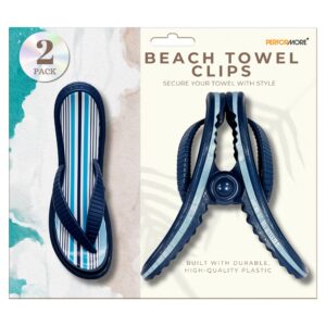 performore flip flop beach towel clips (blue strap), 2-pack, portable towel holder clips, secure clips for beach chairs deck patio pool boat cruise lounge chair accessories