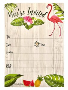 25 flamingo party invitations with envelopes, pineapple & watermelon. for birthdays, baby & bridal showers & beach parties. thick & non coated cardstock for use with any pen.