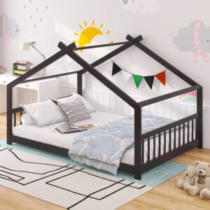 aocoroe wood house bed full bed frame for boys and girls, full size playhouse-design montessori floor bed platform bed frame,no box-spring needed