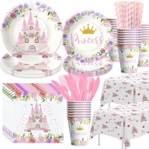 hipvvild princess party decorations tableware - princess birthday party supplies include plates, cups, napkins, tablecloth, cutlery, straw, princess birthday baby shower party decorations | serve 24