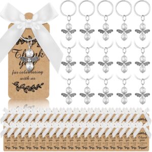 set of 40 angel keychain with thank you favor tags and white bows guest return gifts for girls baby shower baptism favors, wedding bridal party favors