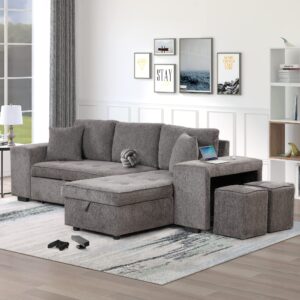 104" modern l-shape 3 seat reversible sectional couch, pull out sleeper sofa with storage chaise and 2 stools for living room furniture set(knox charcoal)