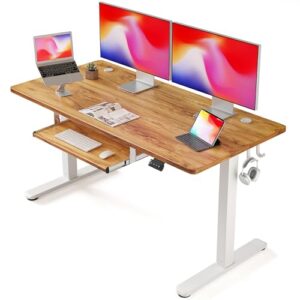 fezibo standing desk with keyboard tray, 55 × 24 inches electric height adjustable desk, sit stand up desk, computer office desk, light rustic