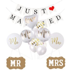 borsgye 14pcs just married banner mr and mrs wooden signs letters decorations set love foil balloons glitter latex balloons reception sign garland for table decor bridal decorations supplies