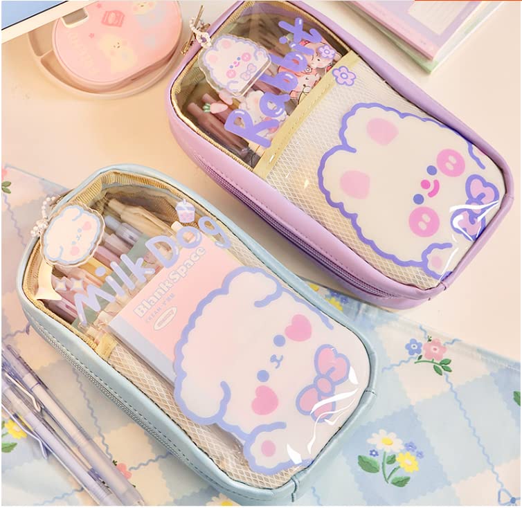 AONUOWE Kawaii Pencil Case Aesthetic Cute Clear Large Pencil Pouch School Supplies for Teen Girls (Blue Puppy)