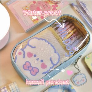 AONUOWE Kawaii Pencil Case Aesthetic Cute Clear Large Pencil Pouch School Supplies for Teen Girls (Blue Puppy)