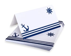 nautical place cards - 25 pack - nautical food cards. blue anchor and captain’s wheel over stripes design, for dinner parties, banquets, cocktail parties, buffet. 2” x 3.5”. scored for folding.