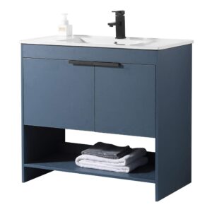 fine fixtures bathroom vanity with integrated ceramic sink - bathroom vanity with sink & modern knob design - bathroom vanities with sturdy marble top & soft closing doors (36 inch) navy blue