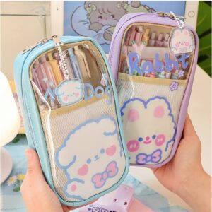 AONUOWE Kawaii Pencil Case Aesthetic Cute Clear Large Pencil Pouch School Supplies for Teen Girls (Blue Puppy)