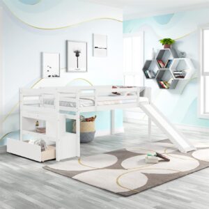 low loft bed with slide and stairs twin loft bed with storage wood bed frame for kids teens girls boys， white