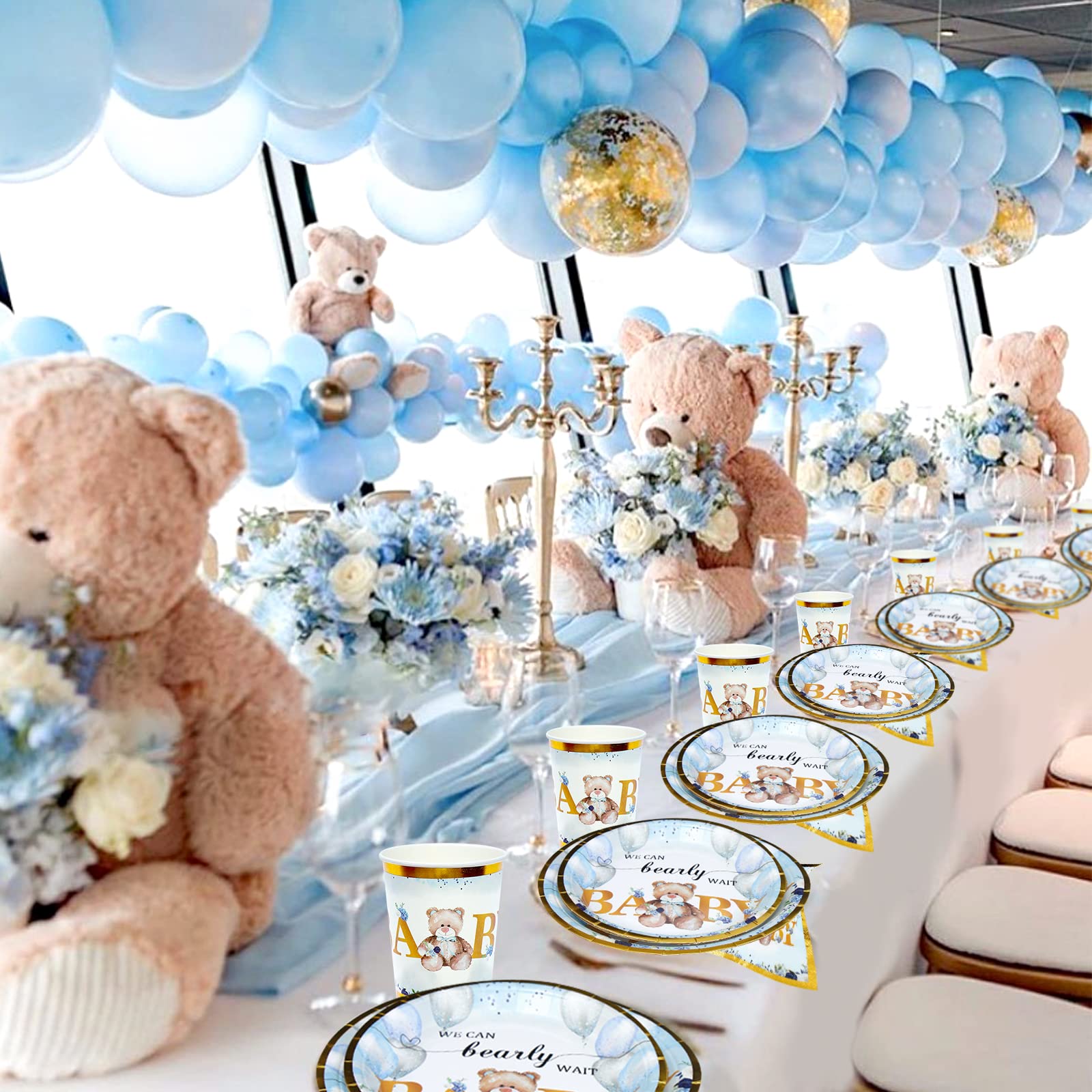 Teddy Bear Baby Shower Plates Napkins Tableware - We Can Bearly Wait Party Decorations Blue Teddy Bear Disposable Paper Plates Napkins Cups for Boy Girl Baby Shower Birthday Party Supplies