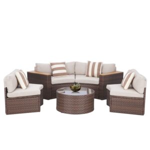 suncrown outdoor round sofa 5-piece patio half-moon sectional sets all weather wicker conversation furniture with round table and thick cushion (light brown)