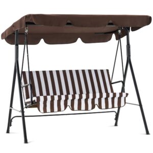 mcombo 2-3 person patio swings with canopy, outdoor porch swing chair with steel stand, removable cushions, for backyard garden balcony 4008 (brown with white stripes)