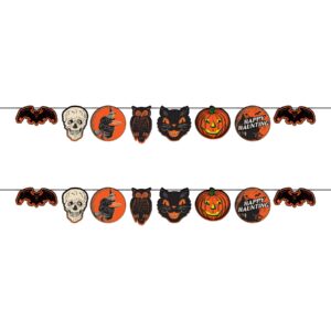 beistle 2 piece retro vintage halloween banners spooky decorations for home and office, 8" x 6', black/orange/off-white/green/yellow