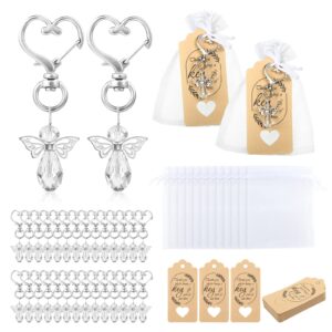 gwhole 30 set of crystal white angel design keychain favors set, angel wing pendant with thank you tags drawstring organza bag guest return gifts for baptism favors, baby shower