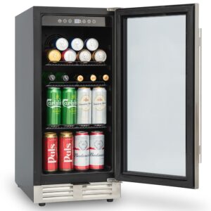 lumisol mini beverage refrigerator and cooler, 15" cooler under counter built-in or freestanding, 120 cans capacity wine cabinet with blue interior light adjustable shelves, for home bar office