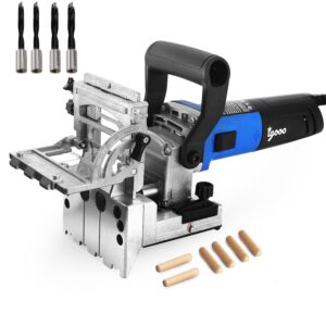 igooo dual-spindle doweling jointer dj710, 710w 120v 60hz, wood plate dowel joiner, 2x8mm and 2x6mm drilling bits, 80 dowels