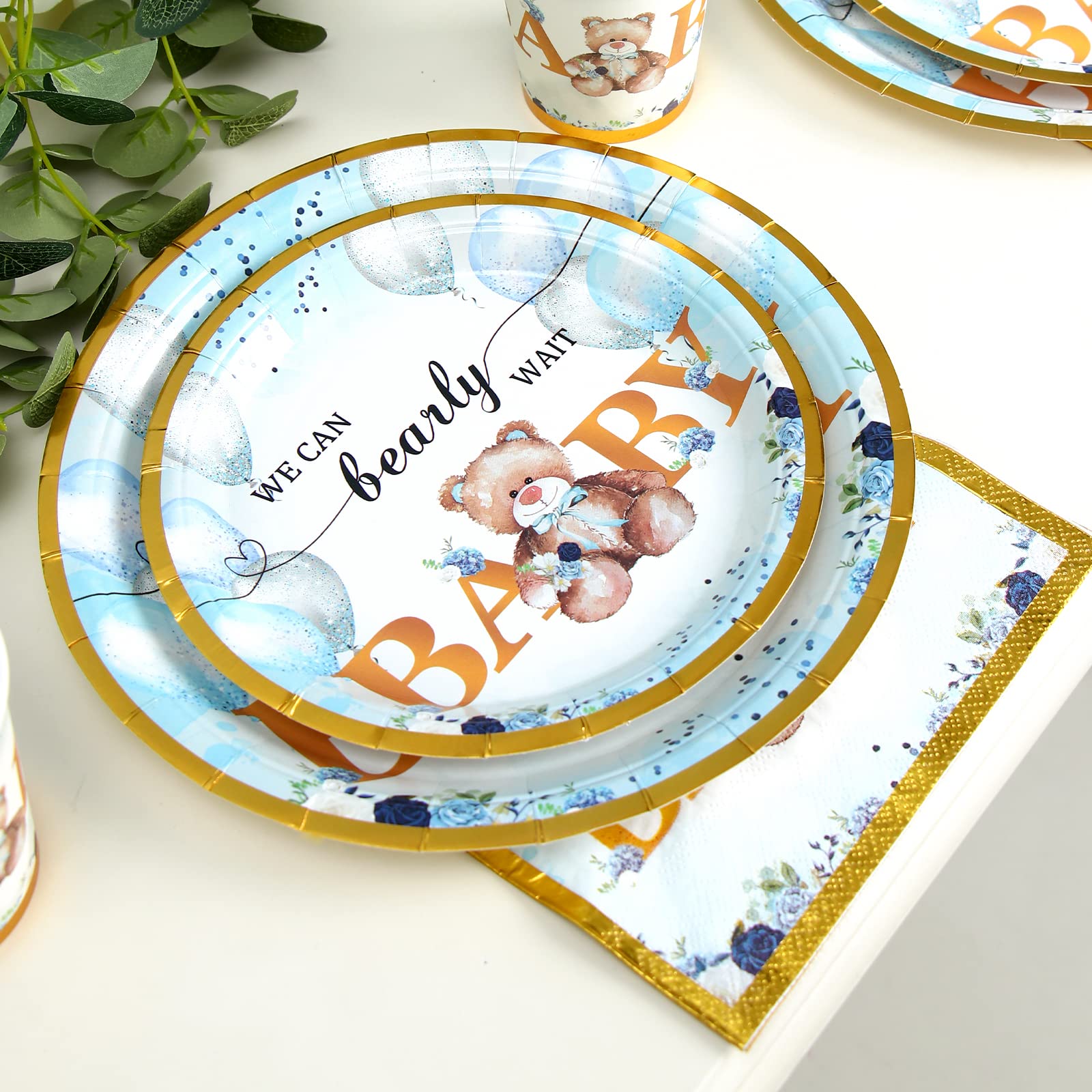 Teddy Bear Baby Shower Plates Napkins Tableware - We Can Bearly Wait Party Decorations Blue Teddy Bear Disposable Paper Plates Napkins Cups for Boy Girl Baby Shower Birthday Party Supplies