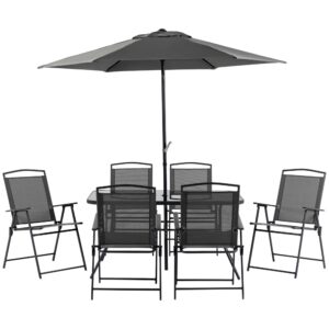 outsunny 8 piece patio dining set with table umbrella, 6 folding chairs and rectangle dining table, outdoor patio furniture set, black