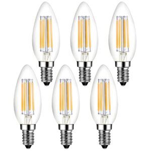 e14 led bulb dimmable 40w equivalent 3000k soft white, e14 european candelabra base light bulbs, clear glass torpedo shape, 6 pack