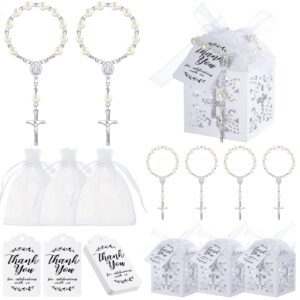 100 pieces rosaries baptism sets including 25 pcs mini rosary 25 pcs cross favor boxes 25 pcs organza gift bags and 25 pcs thank you kraft tags guest return gifts for baby shower wedding decor