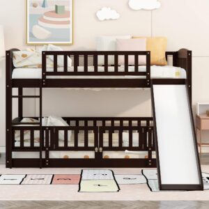 harper & bright designs low bunk beds twin over twin, kids bunk bed with slide, fence and ladder, wood toddler bunk beds for girls boys, espresso