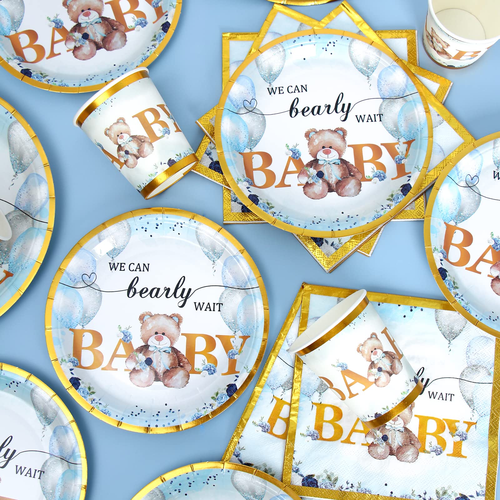 Teddy Bear Baby Shower Plates Napkins Tableware - We Can Bearly Wait Party Decorations Blue Teddy Bear Disposable Paper Plates Napkins Cups for Boy Girl Baby Shower Birthday Party Supplies