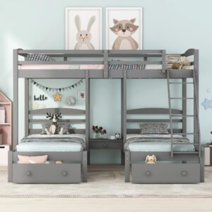 harper & bright designs triple bunk beds with drawers and guardrails,full over twin & twin bunk bed with storage, wooden triple bunk for kids, teens,girls boys (gray with drawers)