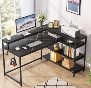 tribesigns 53 inch reversible l shaped desk with storage shelf, modern black marble corner desk with shelves and monitor stand, gaming desk for home office （53" d x 41" w）