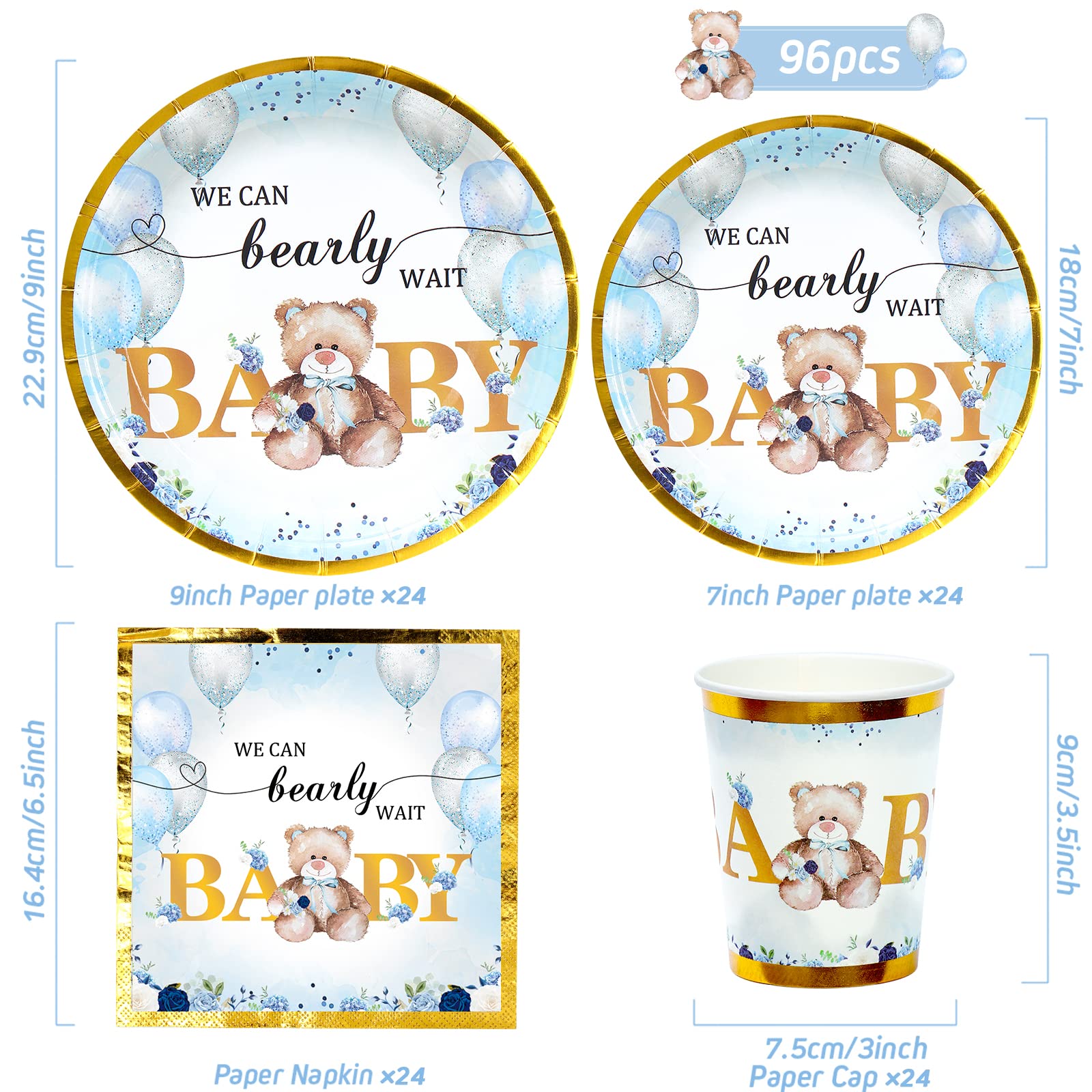 Teddy Bear Baby Shower Plates Napkins Tableware - We Can Bearly Wait Party Decorations Blue Teddy Bear Disposable Paper Plates Napkins Cups for Boy Girl Baby Shower Birthday Party Supplies