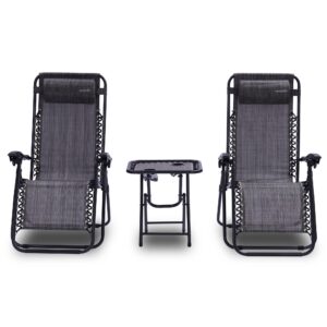 serenelife zero gravity chairs set of 2 - adjustable mesh lawn chairs - outdoor lounge chairs with side table 2 cup holders - foldable outdoor chair with removable pillows - mixed grey