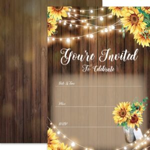 anydesign rustic sunflower fill-in party invitations, 25 sets with 25 envelopes, suitable for birthday, baby shower, wedding, bridal shower, rehearsal dinner, anniversary, etc.