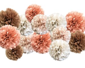 tissue pom poms wedding party decorations – 20 pieces dusty pink brown pastel cream ivory paper flowers kit for engagement bridal baby shower bachelorette hanging decor (rose gold)