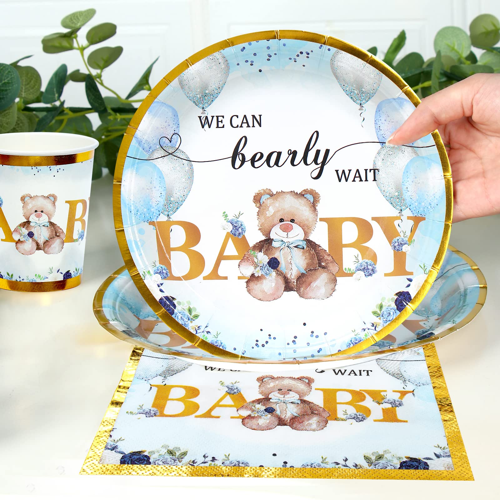 Teddy Bear Baby Shower Plates Napkins Tableware - We Can Bearly Wait Party Decorations Blue Teddy Bear Disposable Paper Plates Napkins Cups for Boy Girl Baby Shower Birthday Party Supplies