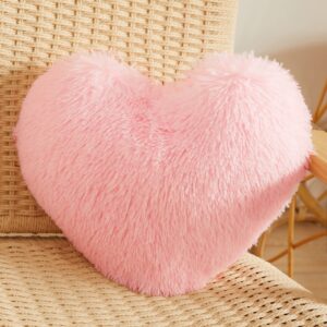 mego fluffy heart pillow, faux fur decorative throw pillow, plush shaggy heart shaped pillow w insert&cover, cute furry throw pillows for couch bed sofa kid girls women valentine's day gift pink