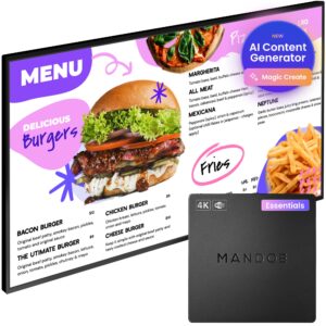 mandoe essentials digital signage displays - digital signage player for digital menu board. world-class templates. subscription required. monitor not included.