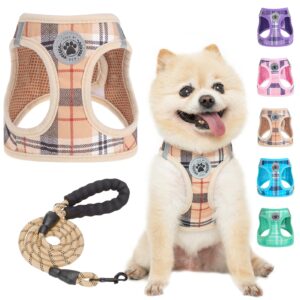 beautyzoo small dog harness and leash set,step in no chock no pull soft mesh dog harnesses reflective for extra-small/small medium puppy dogs and cats, plaid dog vest harness for xs s pets, beige xs