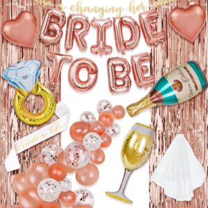 ultimate rose gold bachelorette party decorations set - including bride to be sash, veil, confetti balloons, banner, fringe curtain