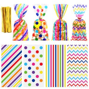 aneco 100 pack rainbow cellophane bags plastic candy bags gift bags goodie bags with twist ties for valentine, birthday, gift cookie snack packing party favor supplies