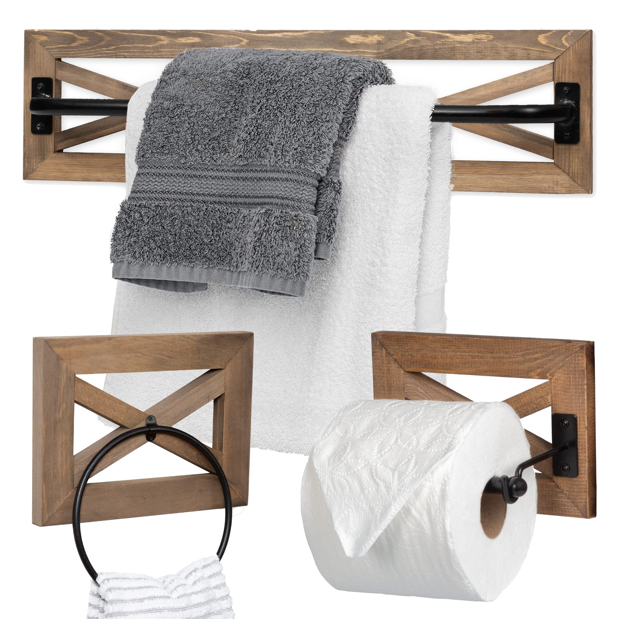 Ilyapa Rustic Towel Bar Toilet Paper Holder Set with Towel Ring for Bathroom- Wall Mounted Bathroom Racks -Barnwood & Black Metal Bar, Farmhouse Decor Ilyapa is an American Owned Brand