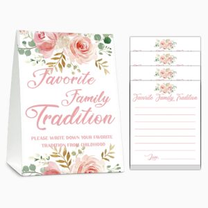 baby shower game set, favorite family tradition, floral party games(1 standing sign + 20 note cards), blush pink baby shower/gender reveal party/bridal shower/wedding favor decorations(a02)