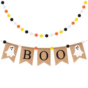 watinc 2pcs halloween scary boo burlap banner ghost pom pom garland set, happy halloween felt ball banner hanging decorations thanksgiving carnival holiday party hang bunting decor for home wall