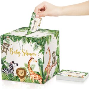 51 pieces woodland baby shower card box and advice cards, diaper raffle game box tickets, animals safari creatures party decorations for baby shower, birthday, gender reveal (jungle animal theme)